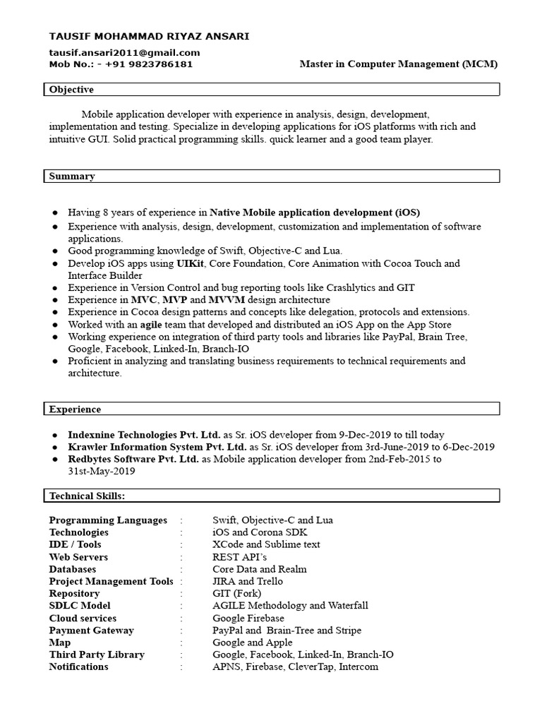 Tausif Ansari SR - Ios Exp-8 Years | PDF | Ios | Swift (Programming Language)