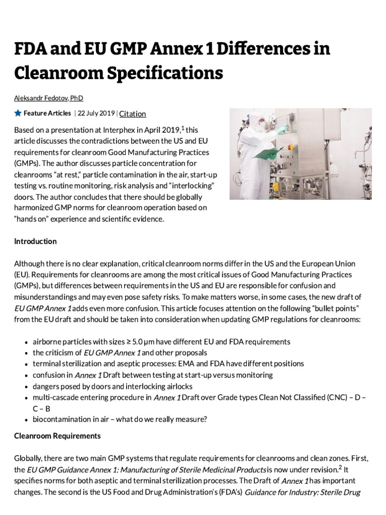 FDA and EU GMP Annex 1 Differences in Cleanroom Specifications _ RAPS | PDF