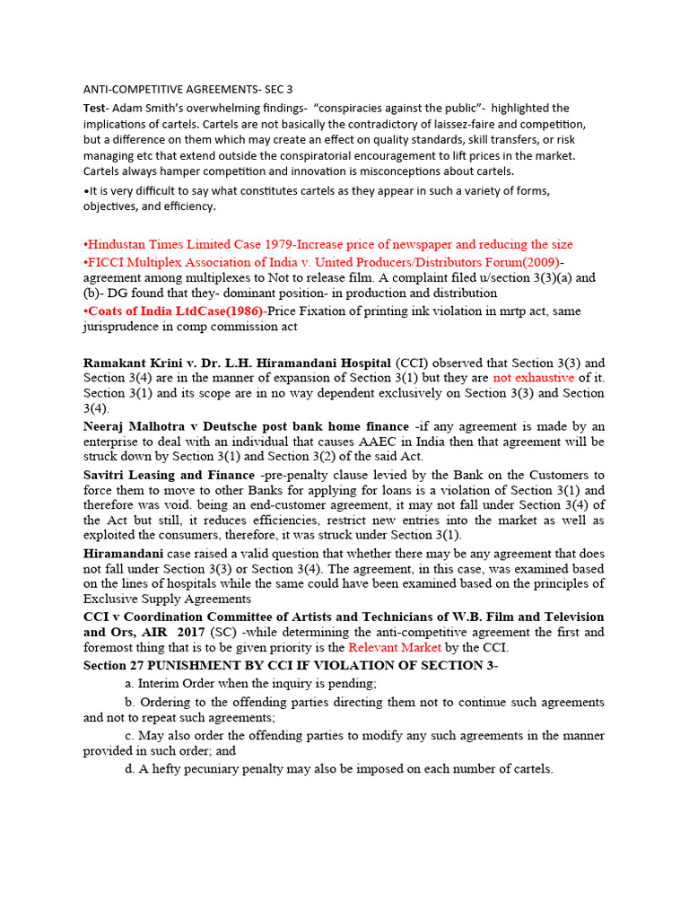 Sec 3 Anti Competitive Agreements | PDF | Economies