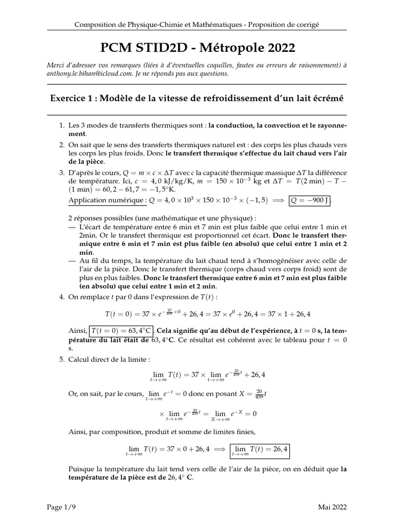 Corrigé de Physique-Chimie et Maths 2022 | PDF | Réaction d ...