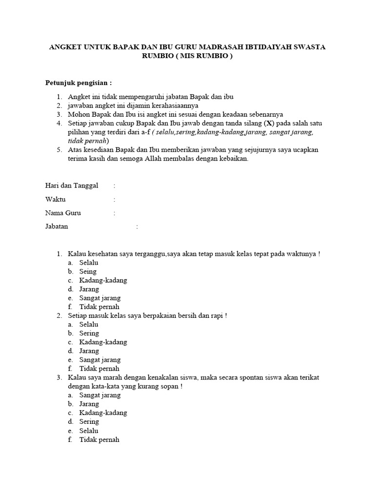Angket Evaluasi Guru Madrasah Ibtidaiyah | PDF