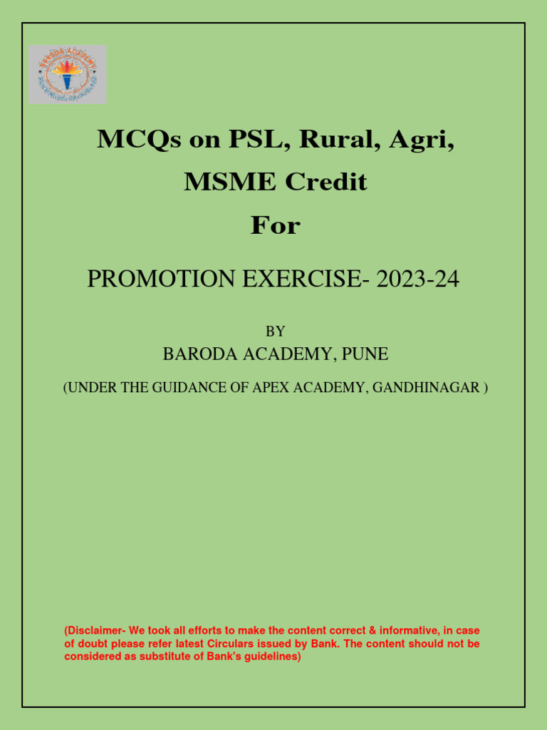 210 MCQs On PSL Agri and MSME Credit For Promotion FY 2023-24 BA Pune | PDF | Small And Medium ...