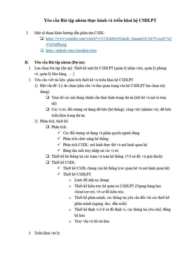 Yêu cầu bài tập nhóm CSDLPT | PDF