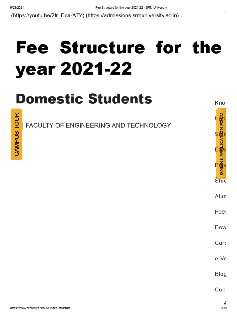 Fee Structure For The Year 2021-22 - SRM University | PDF | Engineering ...