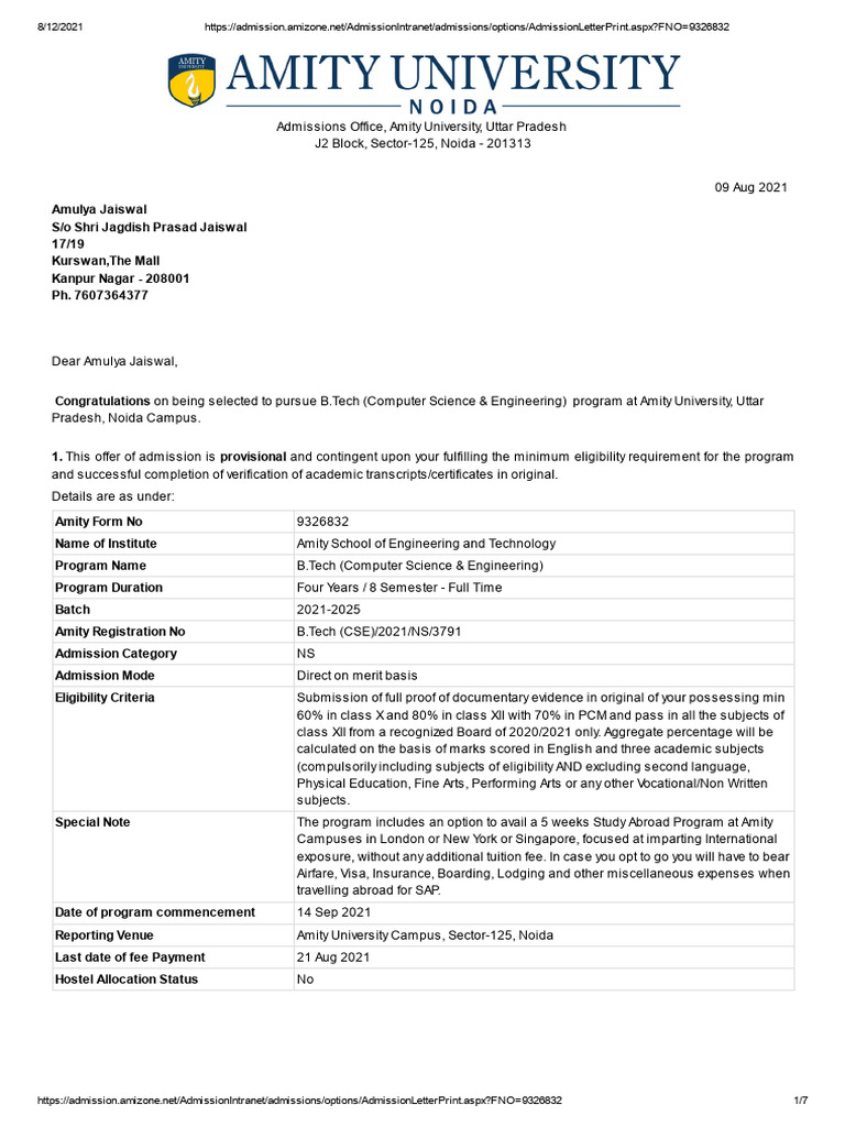 Amity University Admission Offer Letter | PDF | Finance & Money Management
