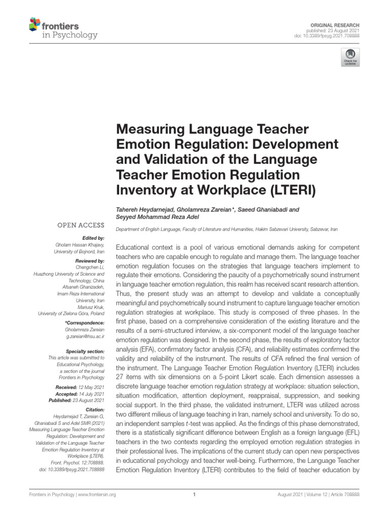 Measuring Language Teacher Emotion Regulation Deve | PDF | Emotional ...