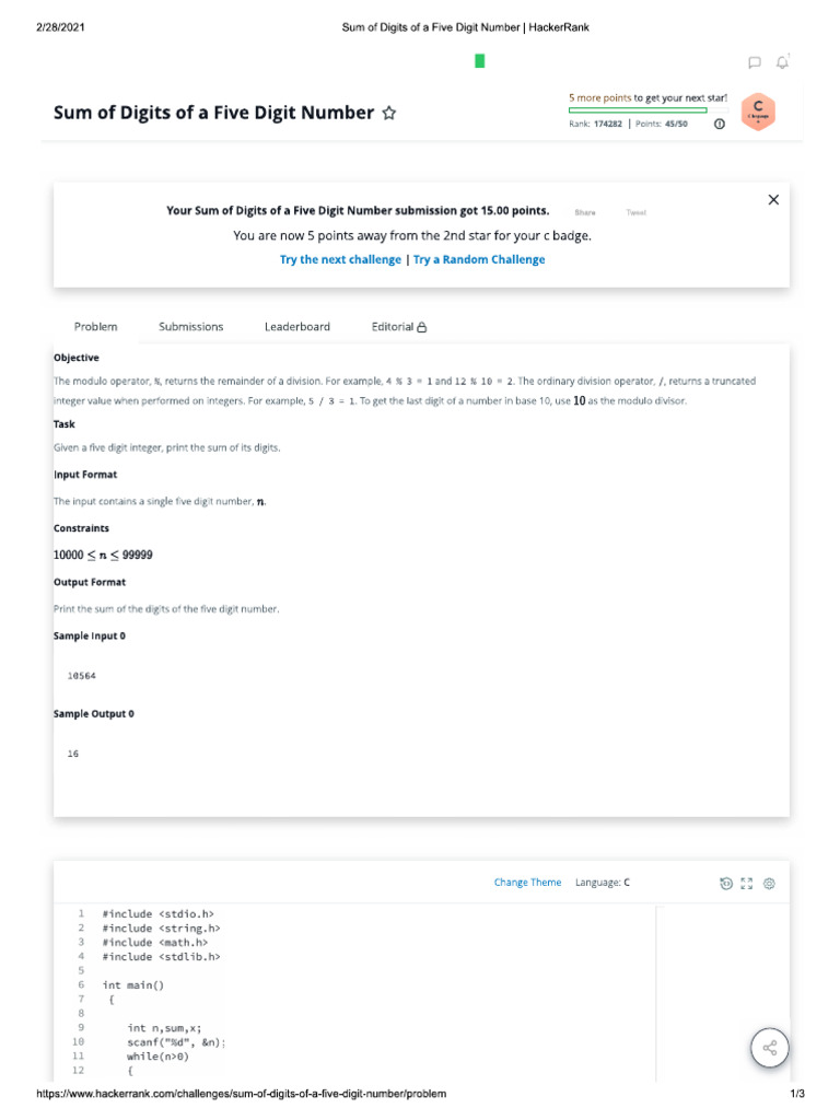 Sum of Digits of A Five Digit Number Hacker Rank | PDF