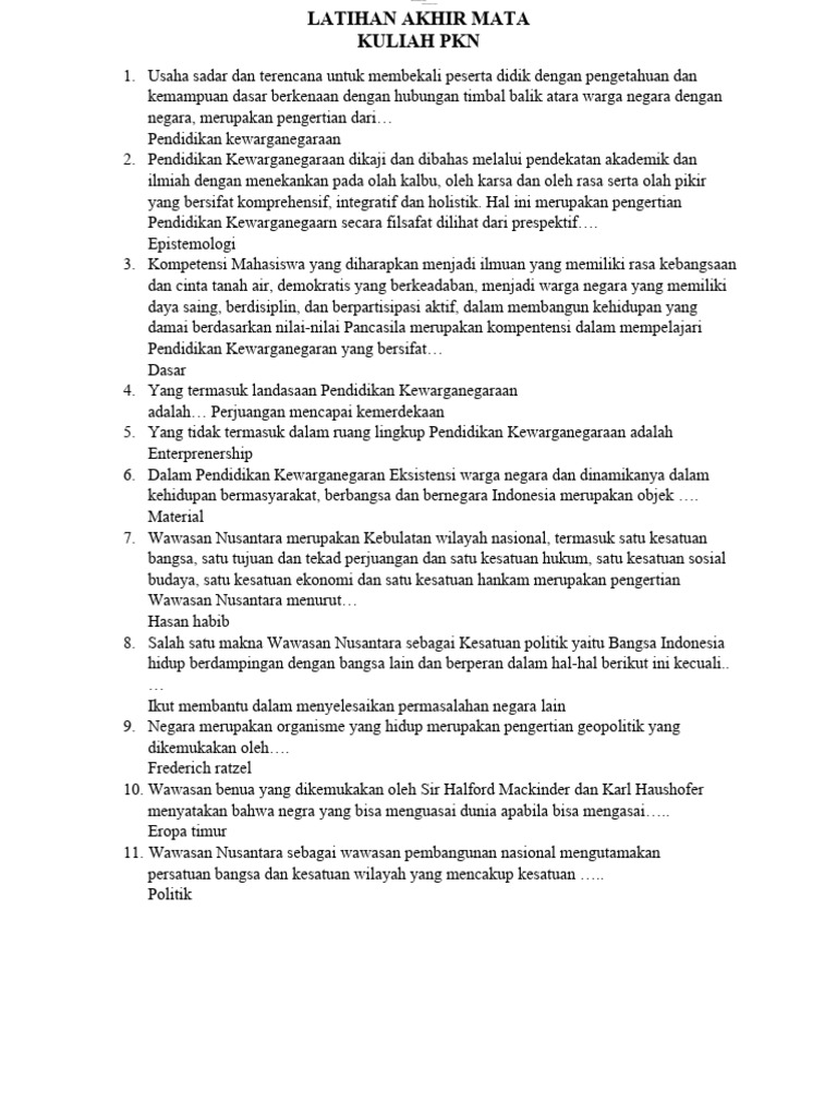 Latihan Akhir Mata Kuliah PKN | PDF