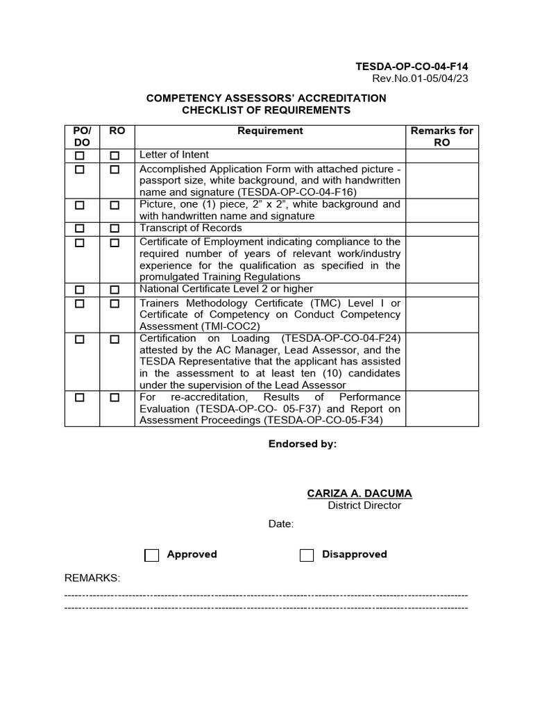 TESDA Assessors Accreditation Checklist | PDF