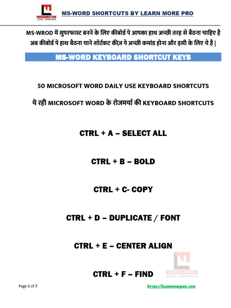 Word Keyboard Shortcuts LMP | PDF | Microsoft Word | Control Key