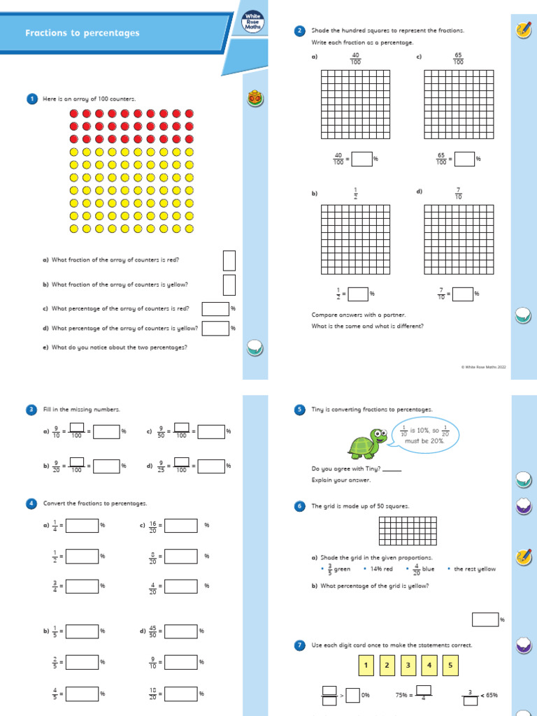 Fractions To Percentages: © White Rose Maths 2022 | PDF | Arithmetic | Mathematics