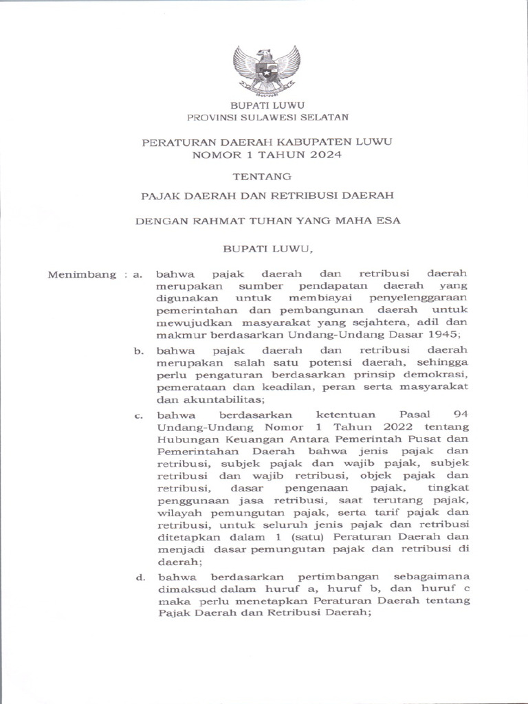 Perda Nomor 1 Tahun 2024 Tentang Pajak Daerah Dan Retribusi Daerah | PDF