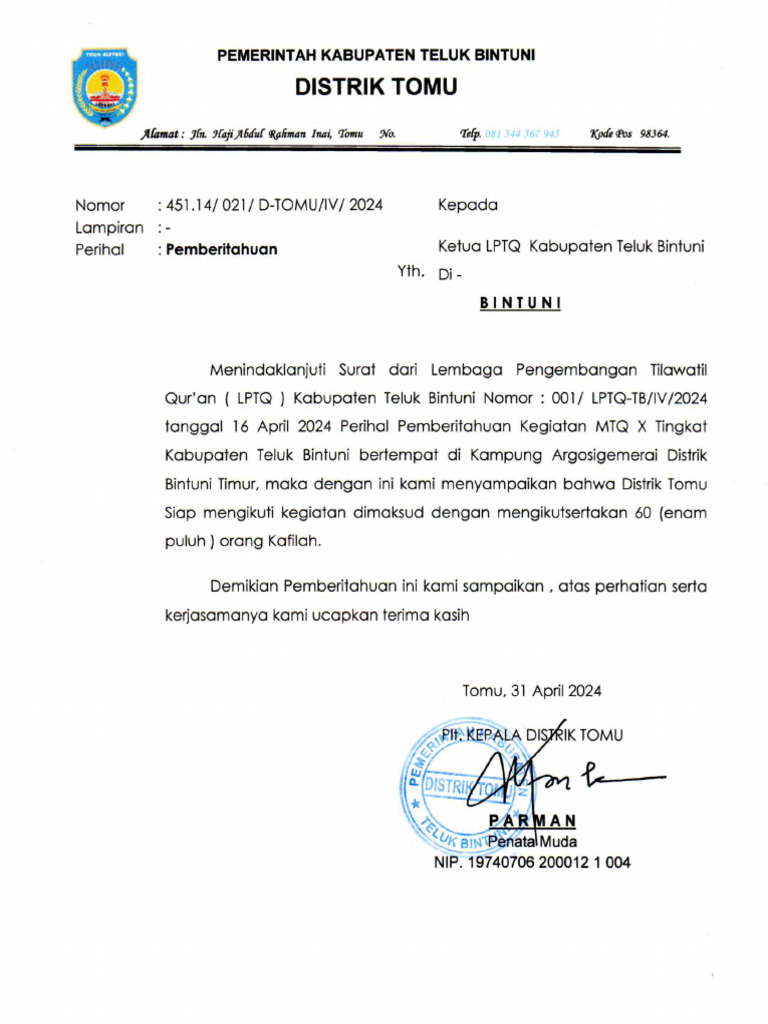 Pemberitahuan - Kafilah Distrik Tomu Pada MTQ X20240501 - 22014392 | PDF