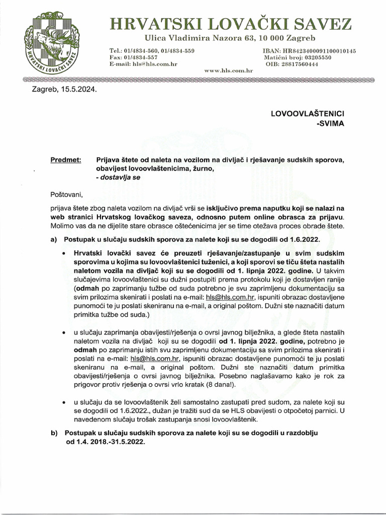 Obavijest o Prijavi Štete I Sudskim Sporovima (Za Lovoovlaštenike) - HLS | PDF