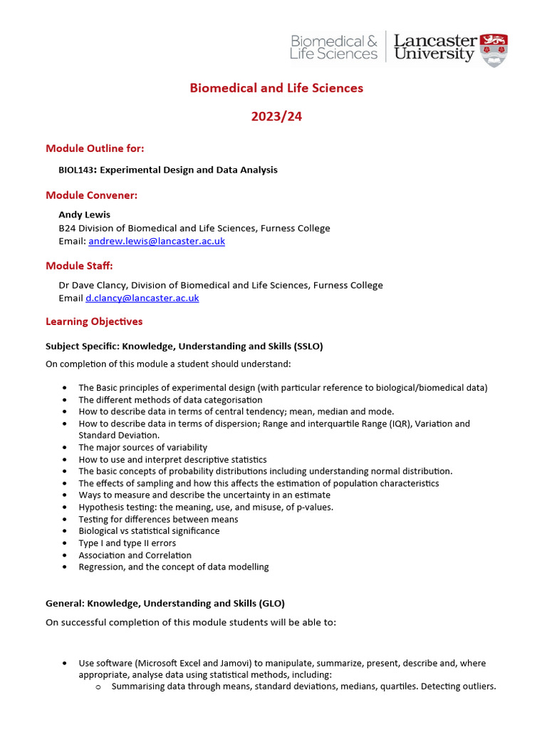 Module Outline BIOL143 2023 | PDF | Statistics | Probability And Statistics