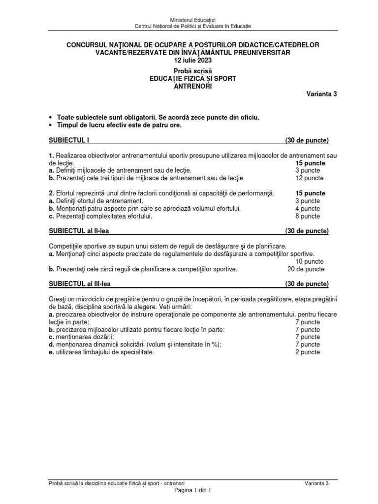 Tit 028 Ed Fizica Si Sport A 2023 Var 03 LRO | PDF