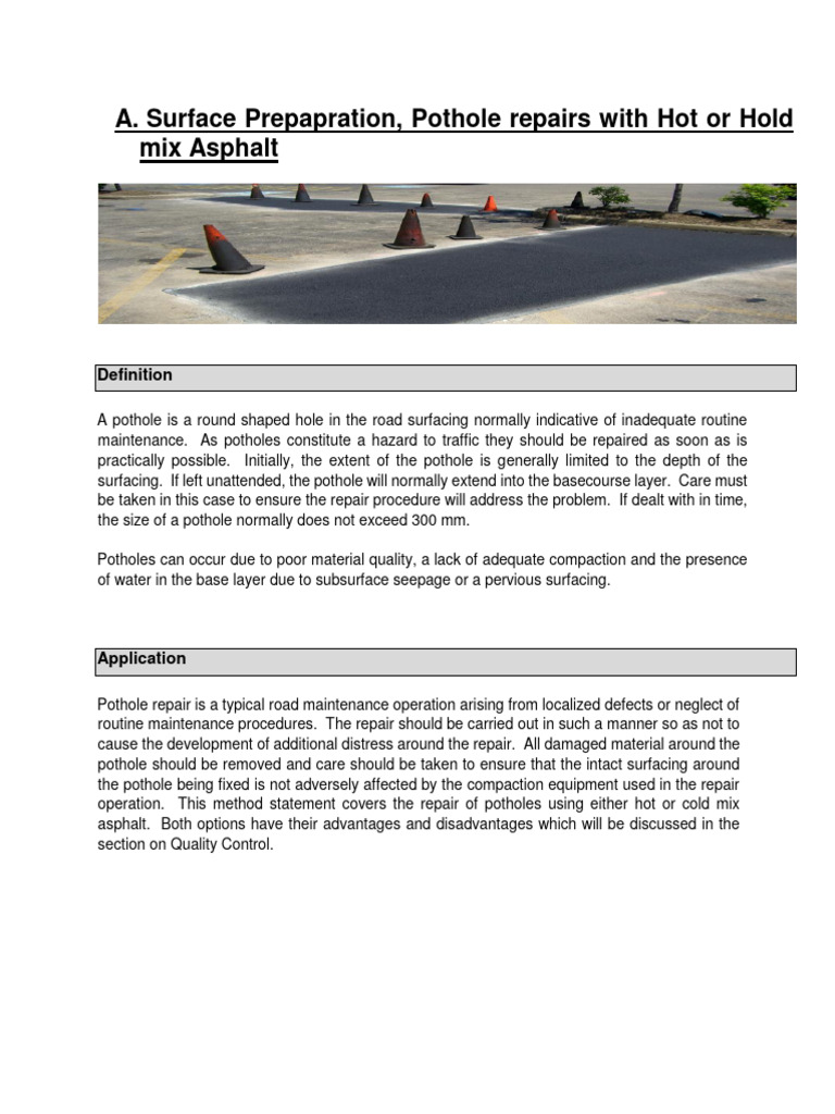 LIC 15 Pothole Repairs - METHOD STATEMENT | PDF | Road | Road Surface