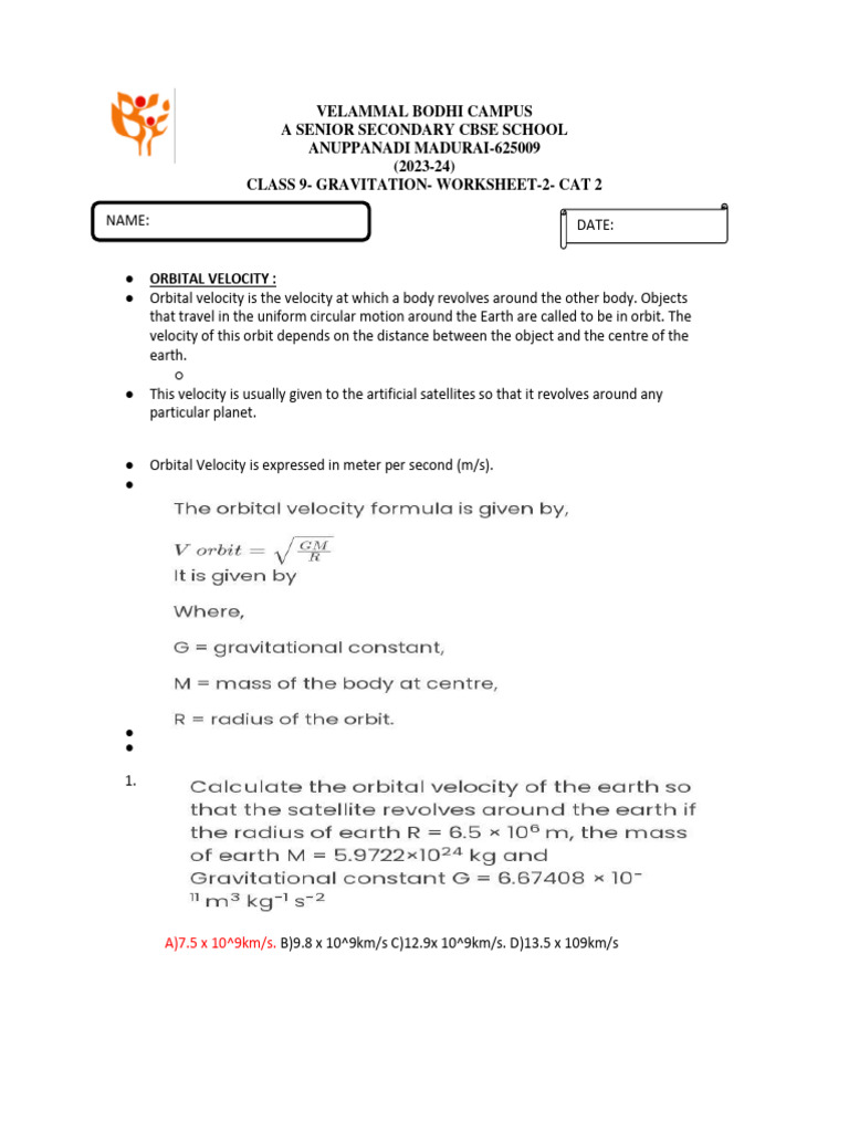 Class 9 - Gravitation Worksheet 2 | PDF | Planets | Orbit
