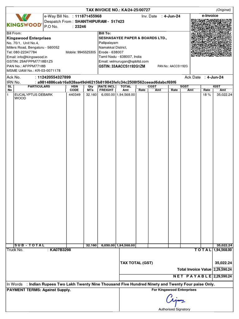 TAX INVOICE NO.: KA/24-25/00727 4-Jun-24 E-Invoice: Bill To: Seshasayee Paper & Boards LTD ...