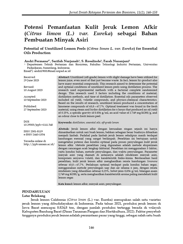 Potensi Pemanfaatan Kulit Jeruk Lemon Afkir (Citrus Limon (L.) Var. Eureka) Sebagai Bahan ...