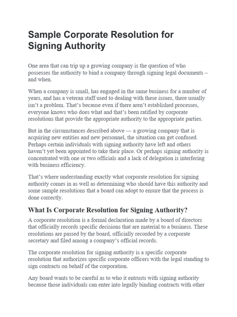 2022 Sample Corporate Resolution For Signing Authority | PDF | Board Of ...