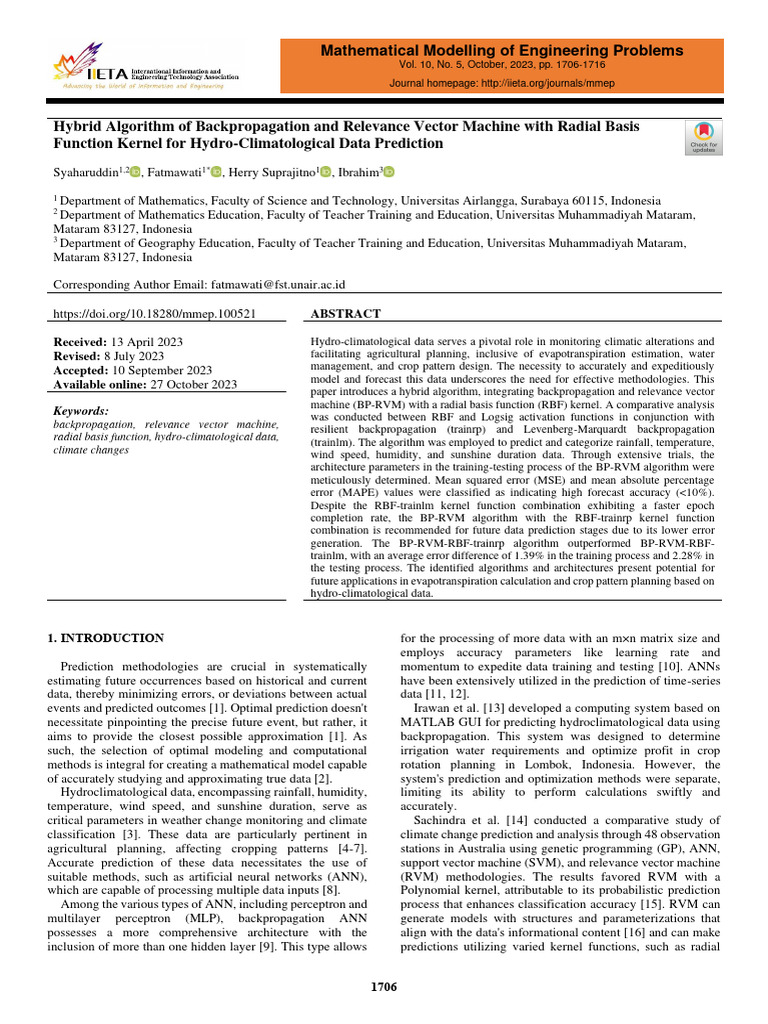 Hybrid Algorithm Of Backpropagation And Relevance Vector Machine With Radial Basis Function 8533