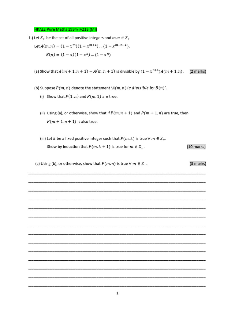 HKALE Pure Maths Mathematical Induction Past Paper CMT | PDF | Abstract ...