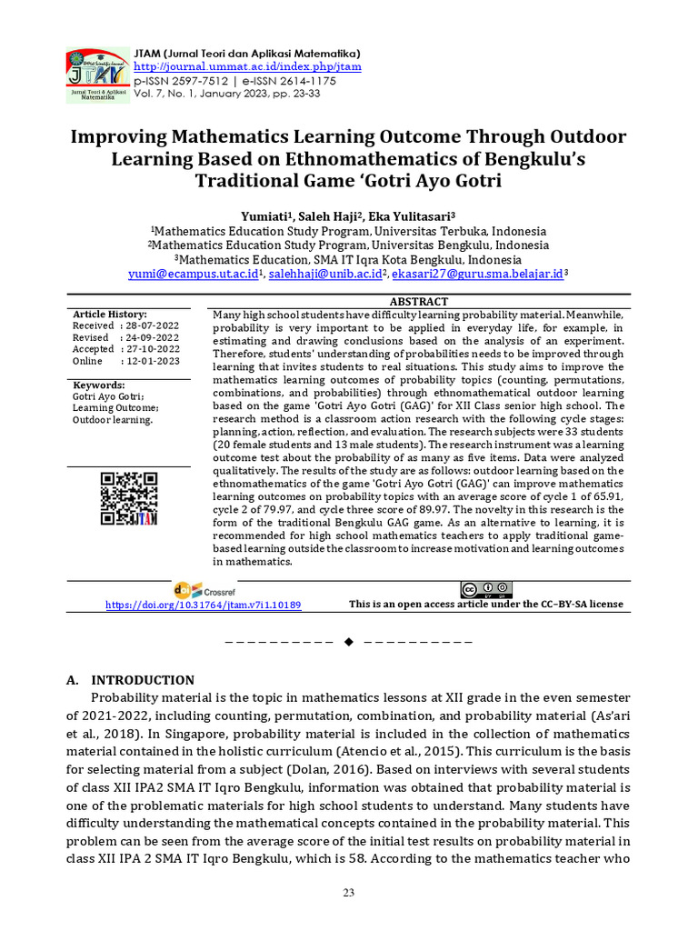 Improving Mathematics Learning Outcome Through Outdoor Learning Based On Ethnomathematics of ...