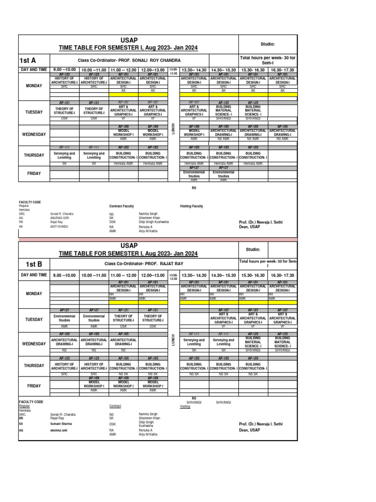 Tentative Time Table B.Arch Aug 2023 - Jan 2024 20th Aug 23 | PDF