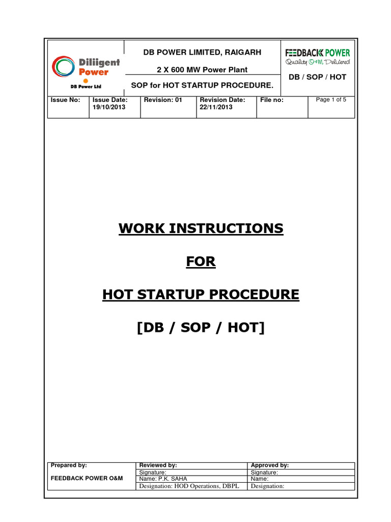 SOP For HOT STARTUP Rechecked | PDF | Boiler | Steam