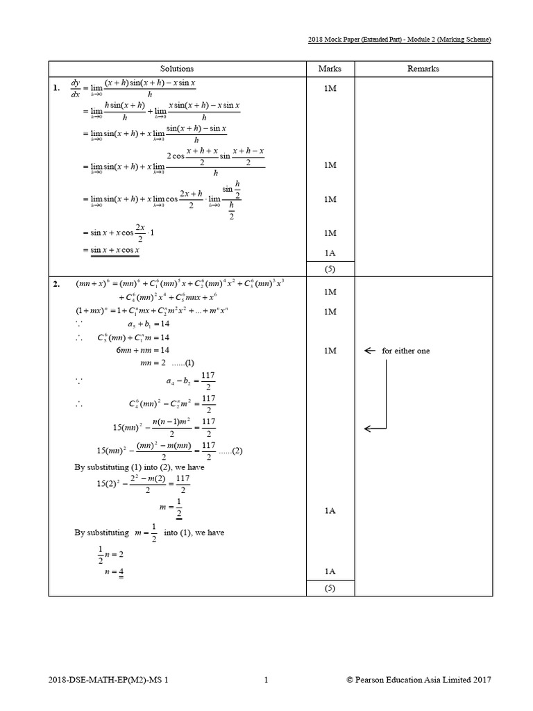 M2 Mock 2018 Marking | PDF | Mathematical Concepts | Algebra
