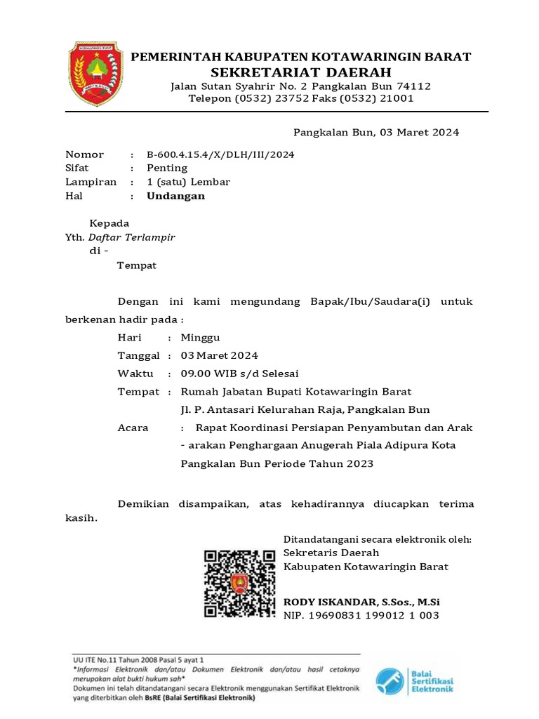 Undangan Rapat Penyambutan Adipura 2024 Final | PDF