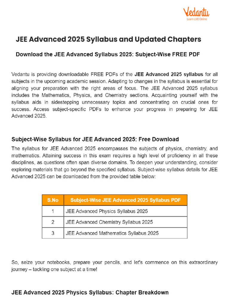 JEE Advanced 2025 Syllabus and Updated Chapters | PDF