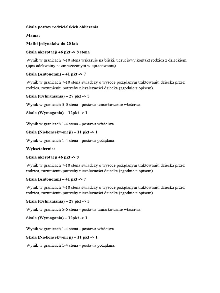 Skala Postaw Rodzicielskich Obliczenia | PDF