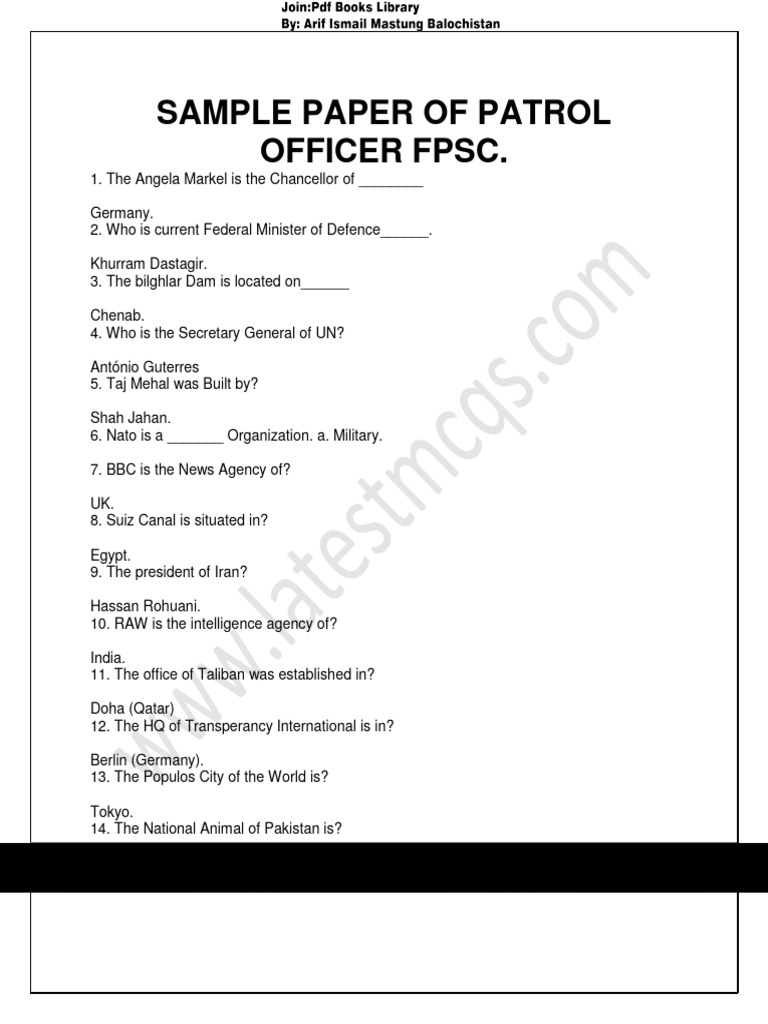 FPSC PATROL OFFICER SOLVED PAST PAPERS (1) New | PDF | Pakistan
