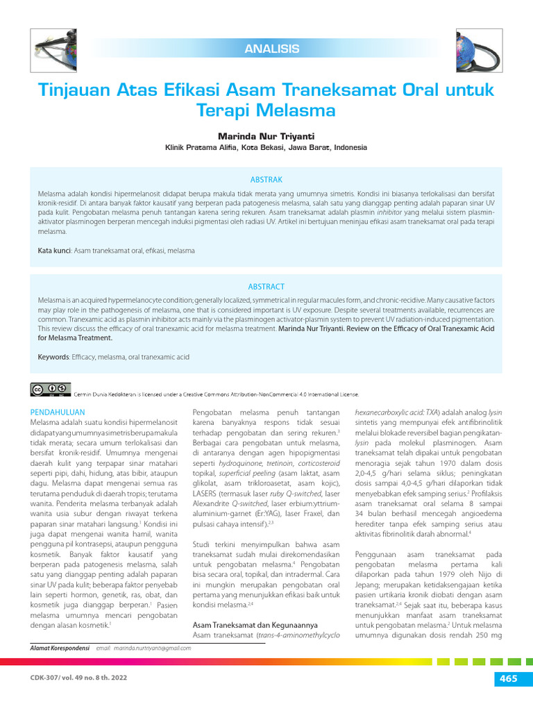 Tinjauan Atas Efikasi Asam Traneksamat Oral Untuk Terapi Melasma | PDF | Pengembangan Diri ...