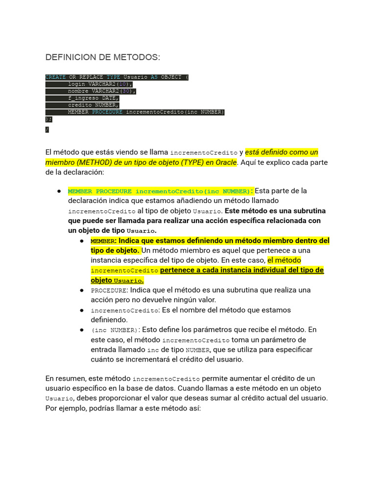 Métodos en Tipos de Objetos en Oracle | PDF | Pl / Sql | Programación de computadoras