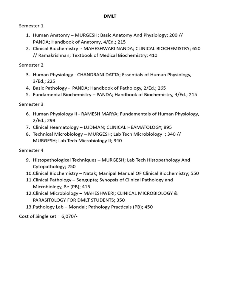 DMLT Book List | PDF | Pathology | Medicine