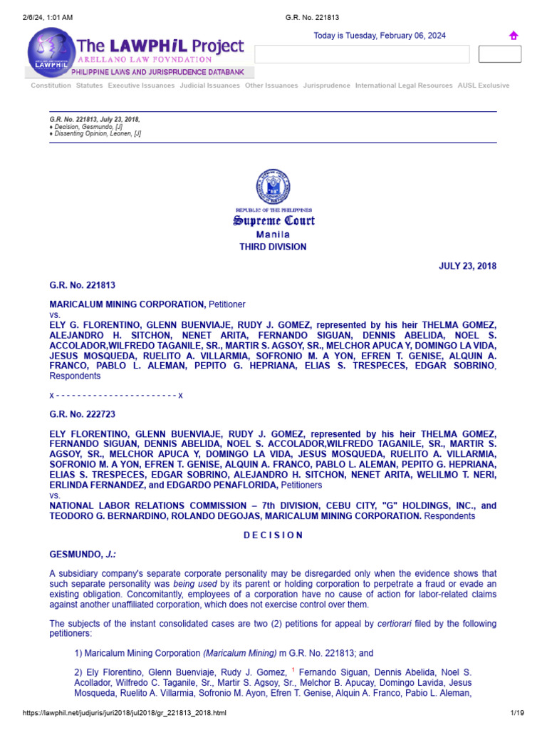 Maricalum Mining Corp. vs. Florentino, G.R No.221813, July 23, 2018 G.R ...