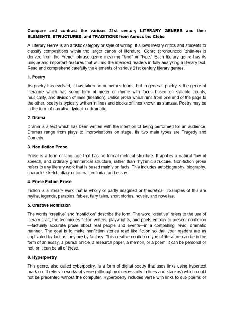 Compare and Contrast The Various 21st Century LITERARY GENRES and Their ...