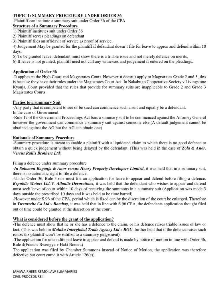 Summary Procedure Under Order 36 Explained | PDF | Default Judgment ...