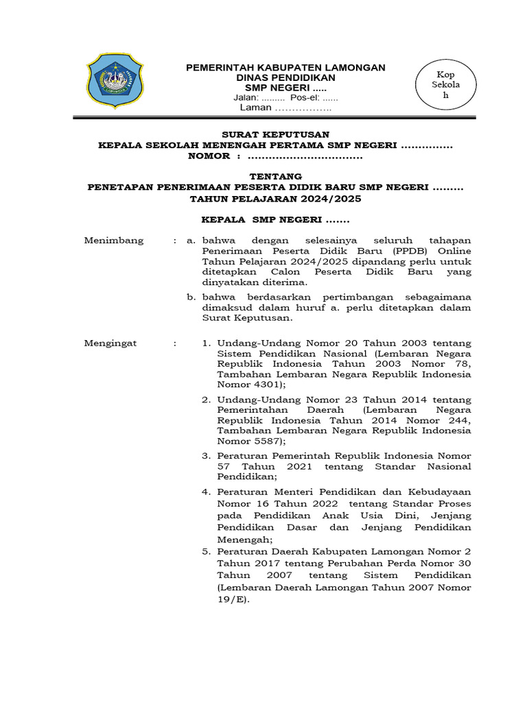 CONTOH SK-Penetapan Hasil PPDB-2024 | PDF