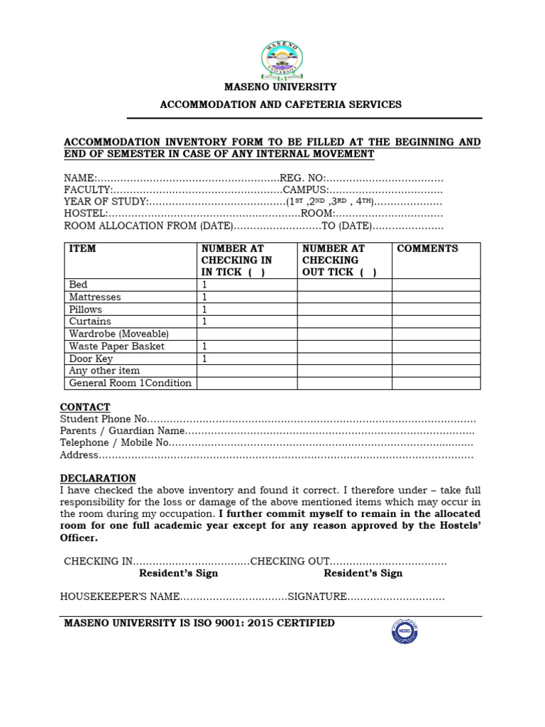 Accomodation Inventory Form | PDF | Foreign Language Studies | Law