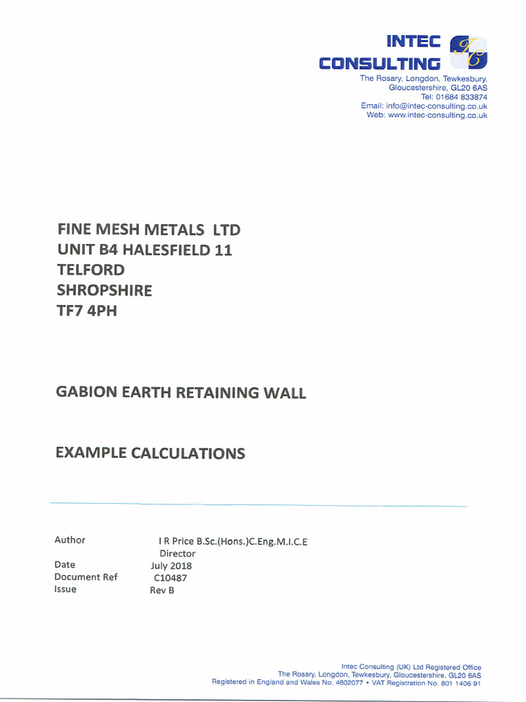 Gabion Earth Retaining Wall - Example Calculations Rev B | PDF