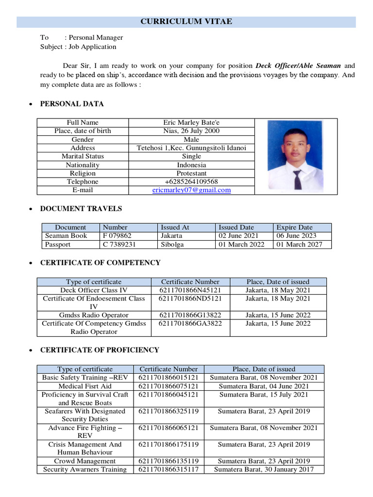 Curriculum Vitae | PDF | Sailor | Shipping