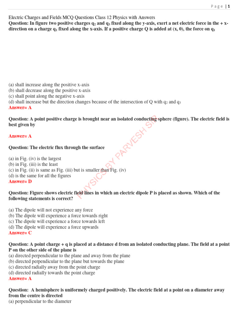 CLASS 12 PHYSICS MCQs | PDF | Electric Charge | Electric Field