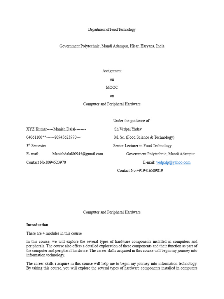 Assignment Format Manish Dalal Computer and Peripheral Hardware Document | PDF | Central ...
