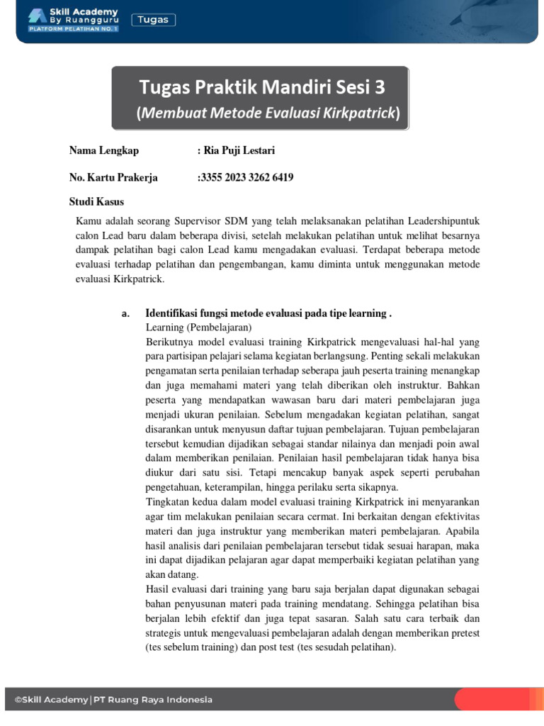 TPM 3 Membuat Metode Evaluasi Kirkpatrick - Ria | PDF