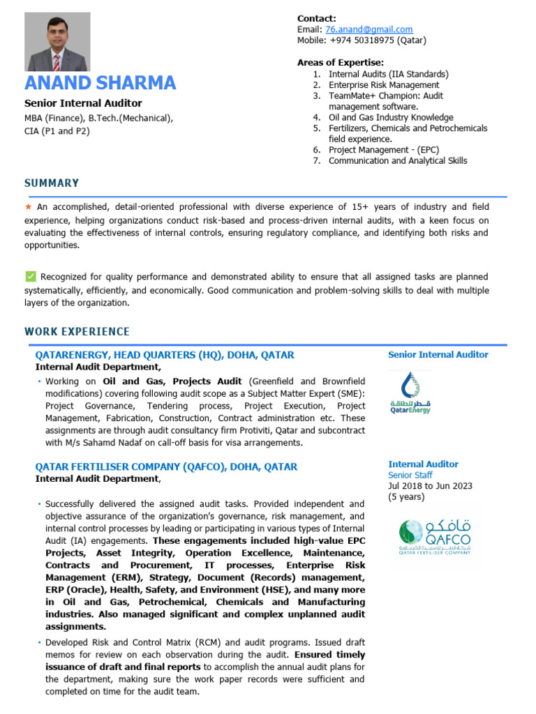 CV of Senior Internal Auditor+Qatar+Anand | PDF | Internal Audit | Audit