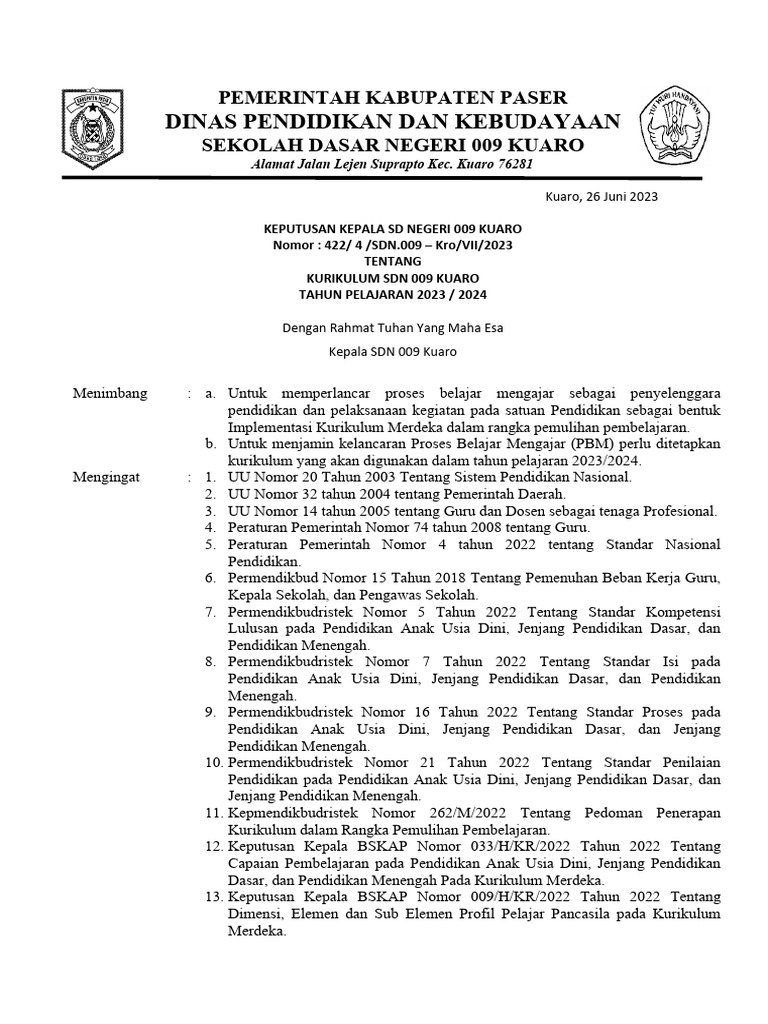SK Pemberlakuan Penetapan KOSP Kurikulum Merdeka | PDF